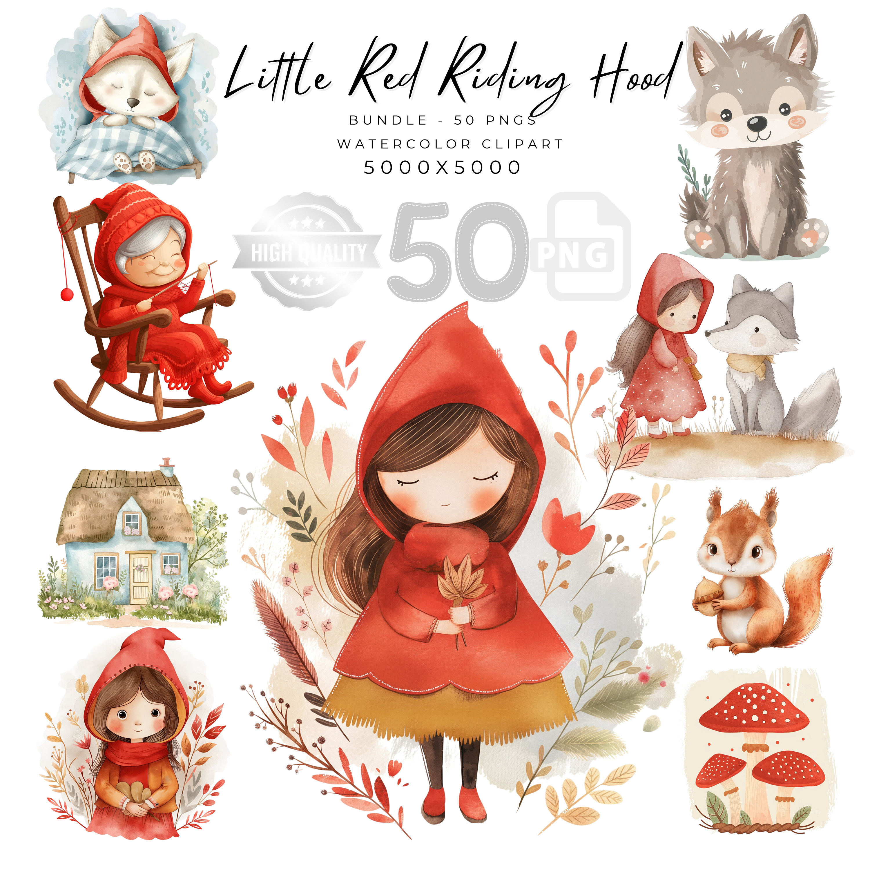 Little Red Riding Hood Bundle Clipart, Red Riding Hood Watercolor, Once ...