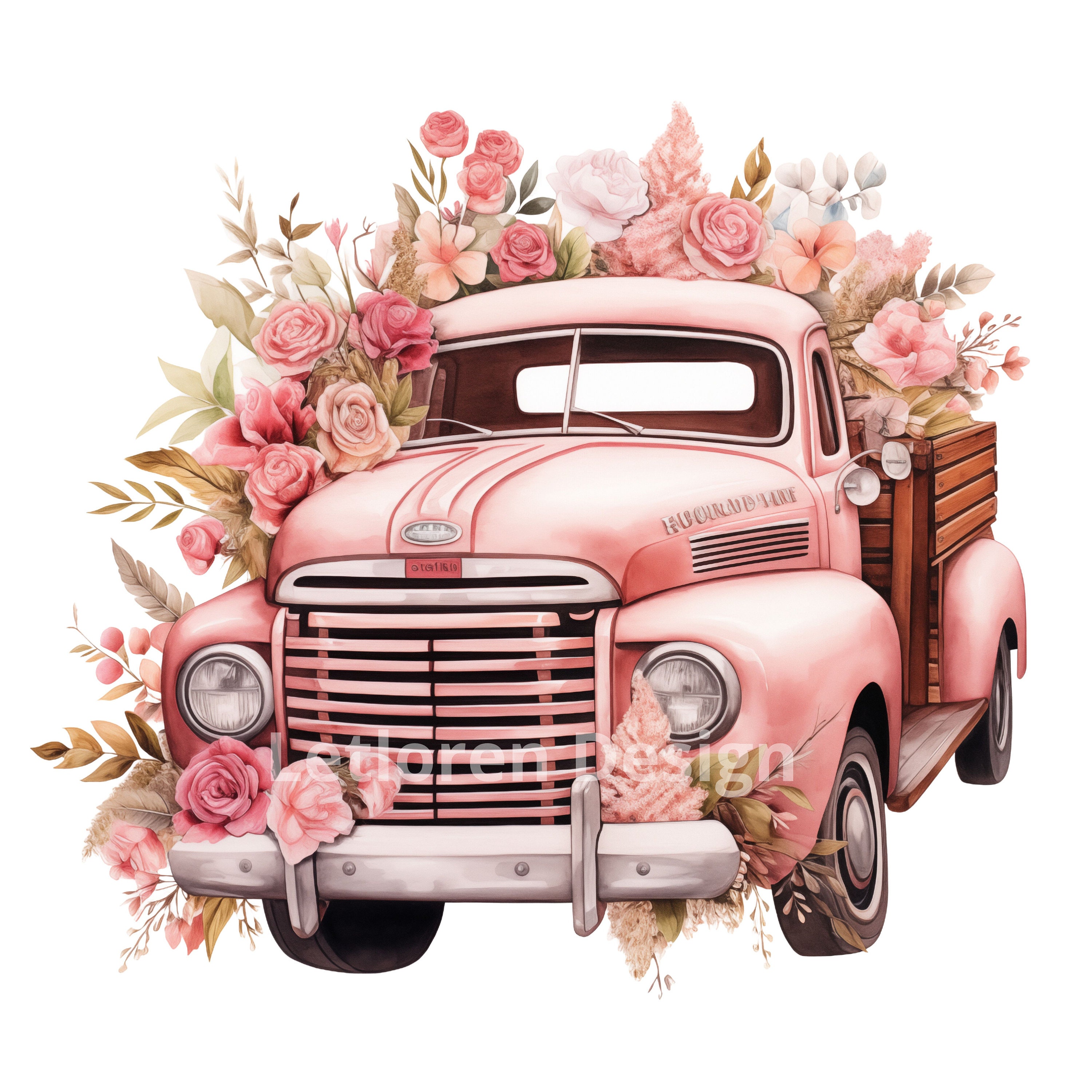 Vintage Watercolor Truck, Farm Fresh Flowers Design, Spring Sublimation ...