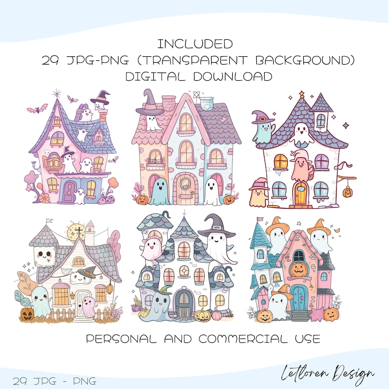 Kawaii Halloween Haunted House Clipart Bundle | Cute Spooky Houses PNG ...