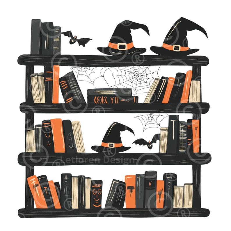 10 Halloween Library Clipart - Retro Bookshelf Designs, Halloween PNG ...