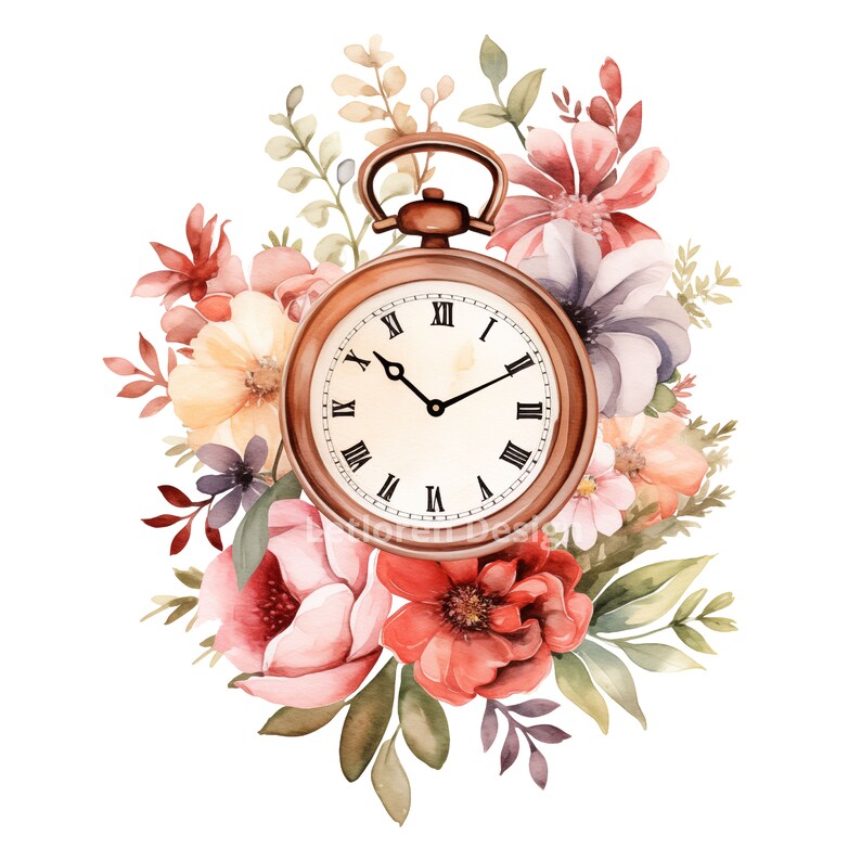 Watercolor Floral Vintage Clock PNG Bundle, Digital Crafts Designs ...