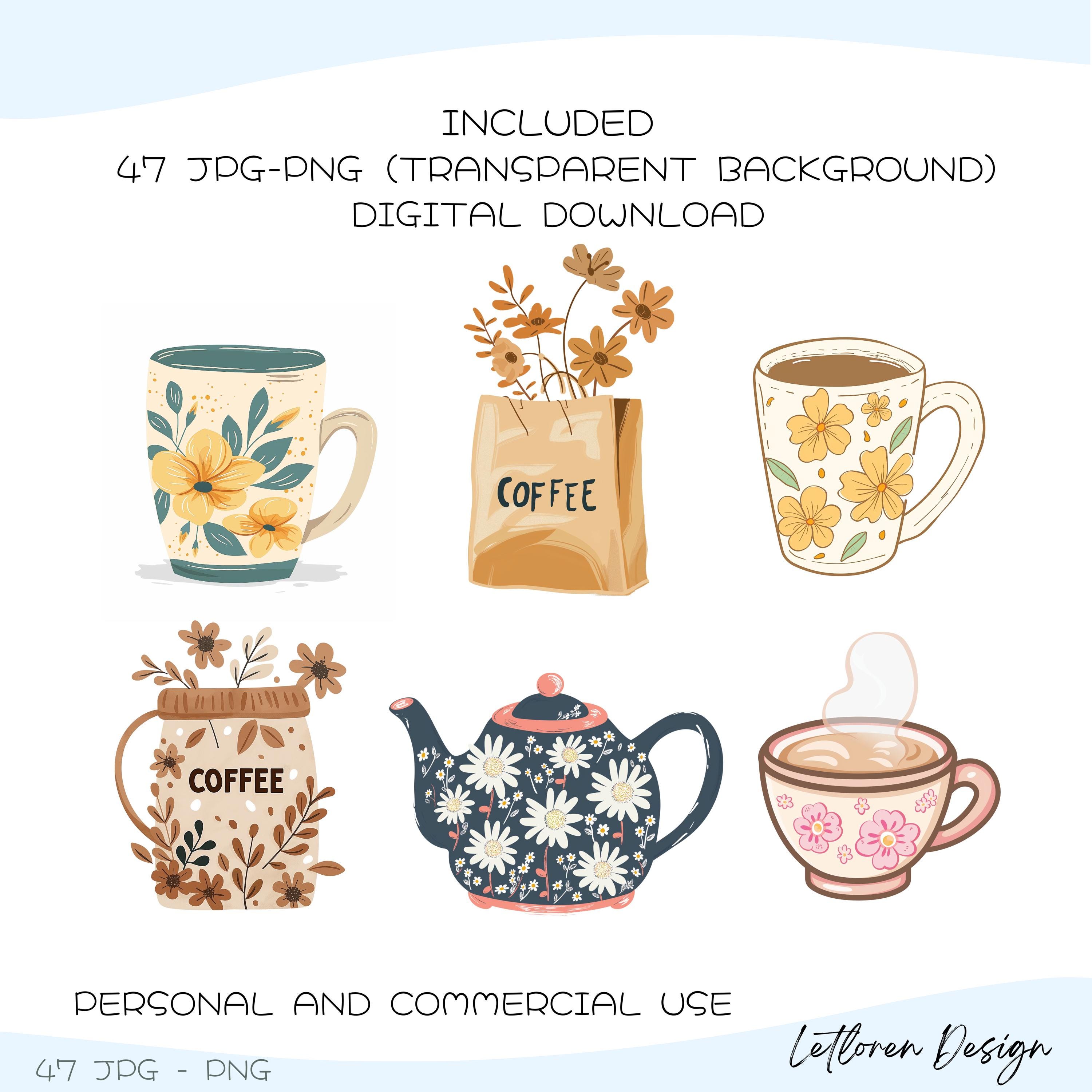 48 Kawaii - Retro Coffee Cups Clipart Bundle | Adorable Coffee Mug and ...
