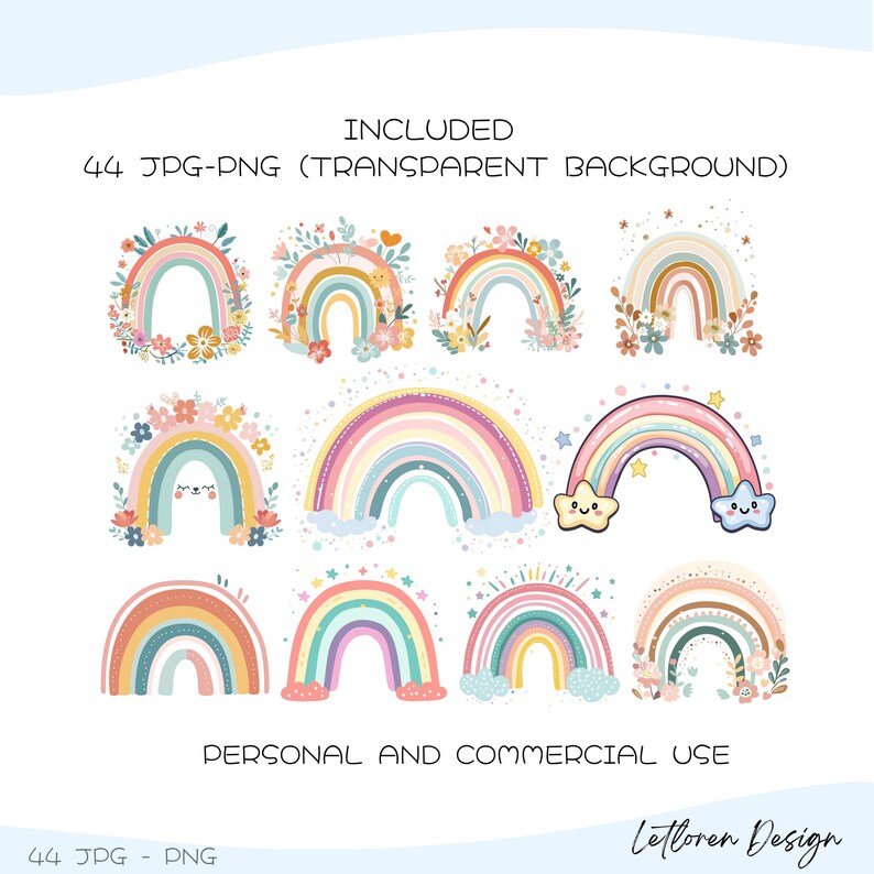 50 Rainbow Sun Cloud Star Clipart Bundle + 6 Bonus Stickers | High ...