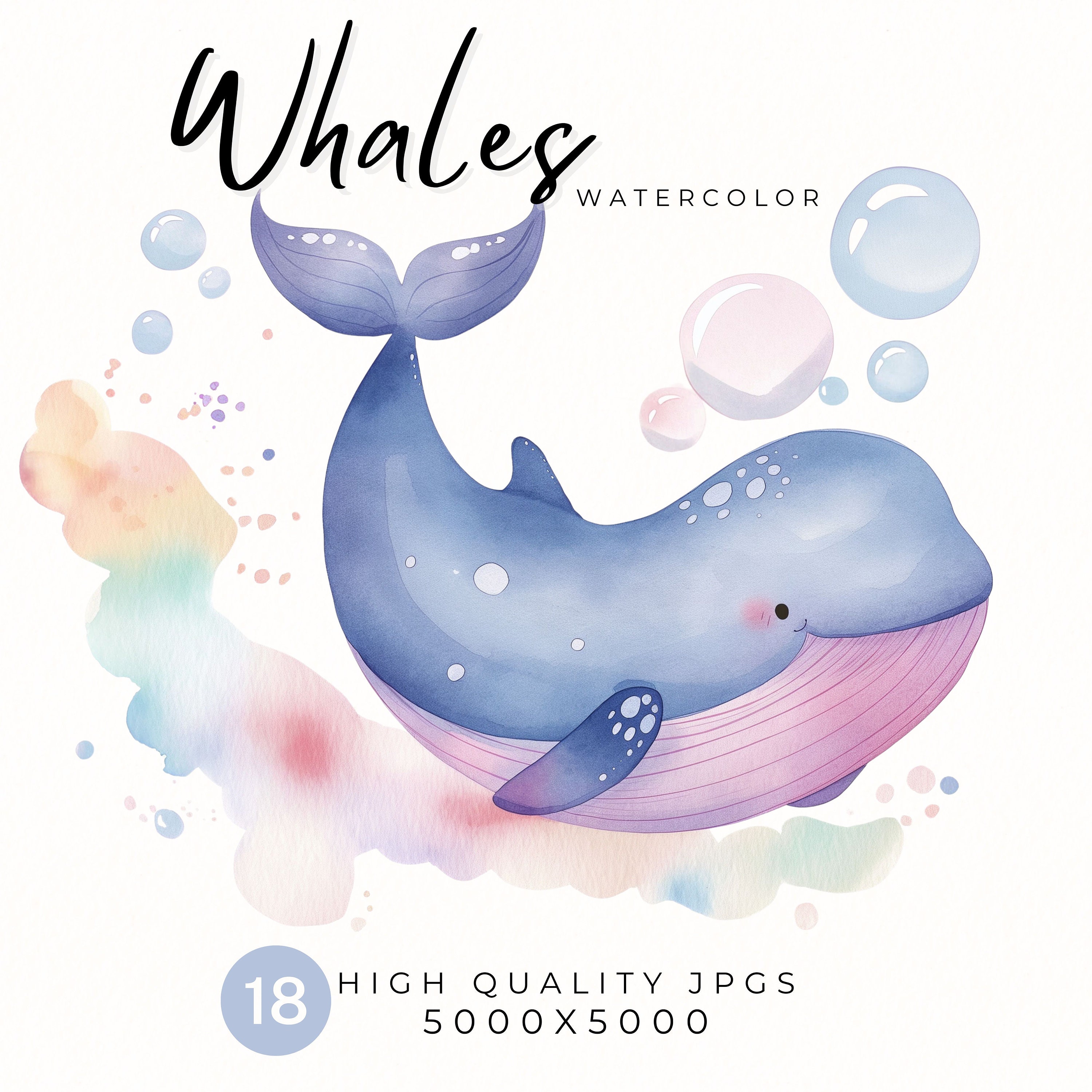 Whales Nursery Watercolor Art, Whales Clipart Bundle, 18 High Quality ...