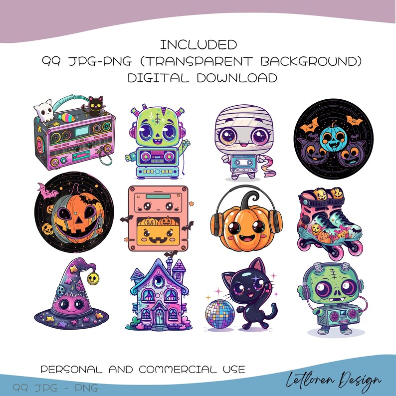 Retro Halloween Clipart Bundle | 99 Kawaii Cute PNG & JPG | Ghosts ...
