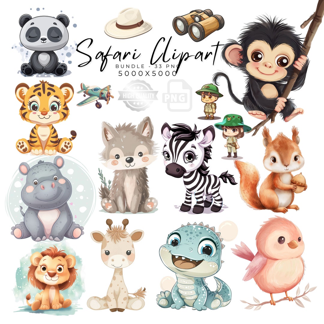 Jungle Adventure Clipart Bundle - Cute Safari Watercolor Animals PNG ...