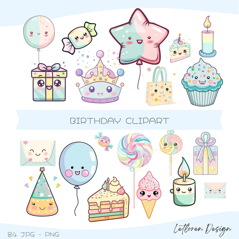 84 Kawaii Birthday Clipart Bundle | Cute Balloons, Confetti, Cakes, and ...