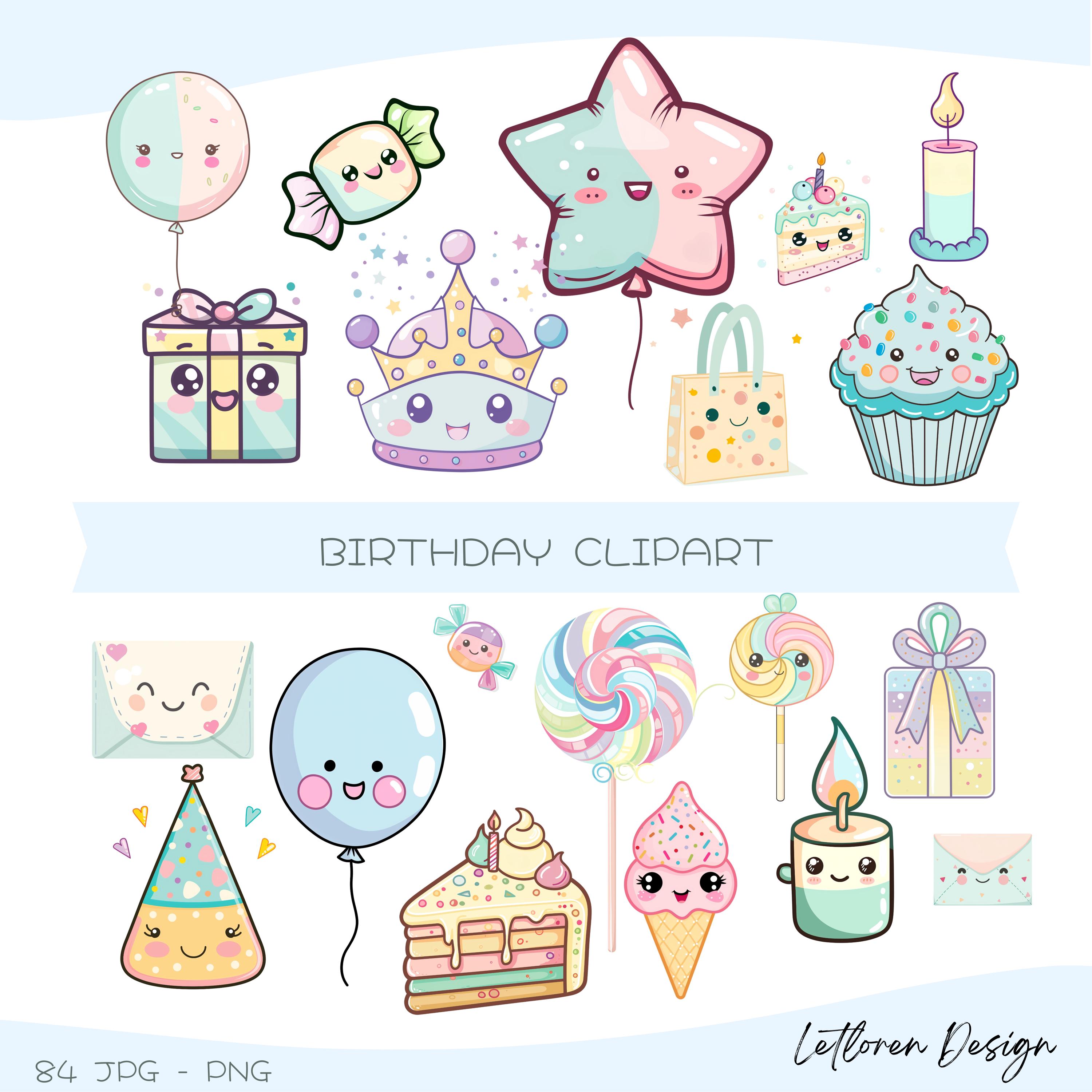 84 Kawaii Birthday Clipart Bundle | Cute Balloons, Confetti, Cakes, and ...