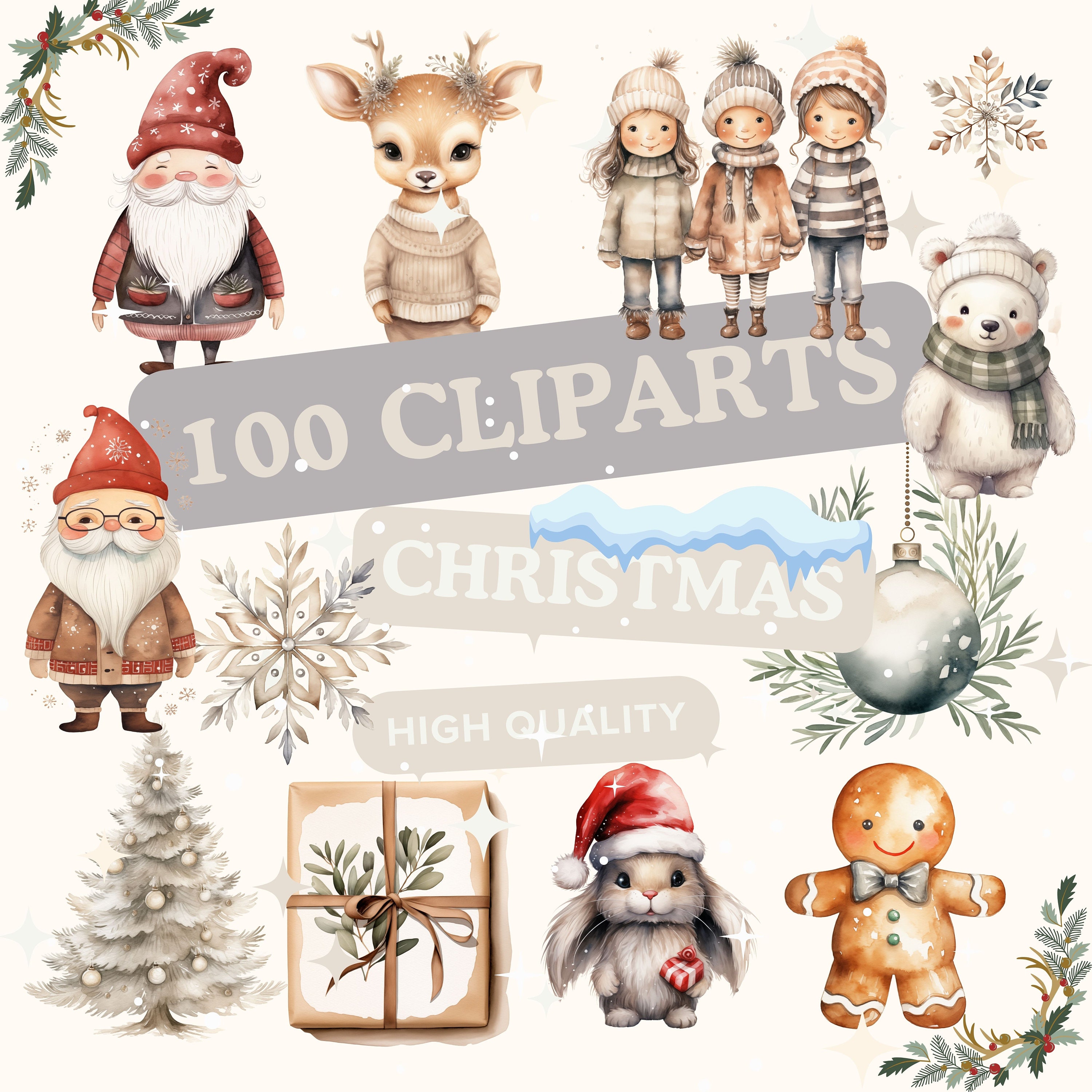 Christmas Bundle Clipart, 100 High Quality Images, Santa Watercolor ...
