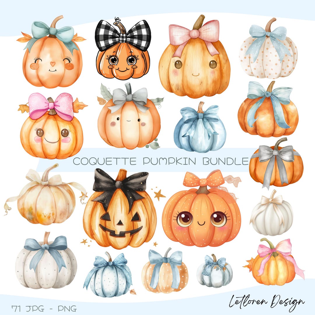 Coquette Pumpkin Clipart Bundle, 71 Fall & Halloween Pumpkins With Bows ...