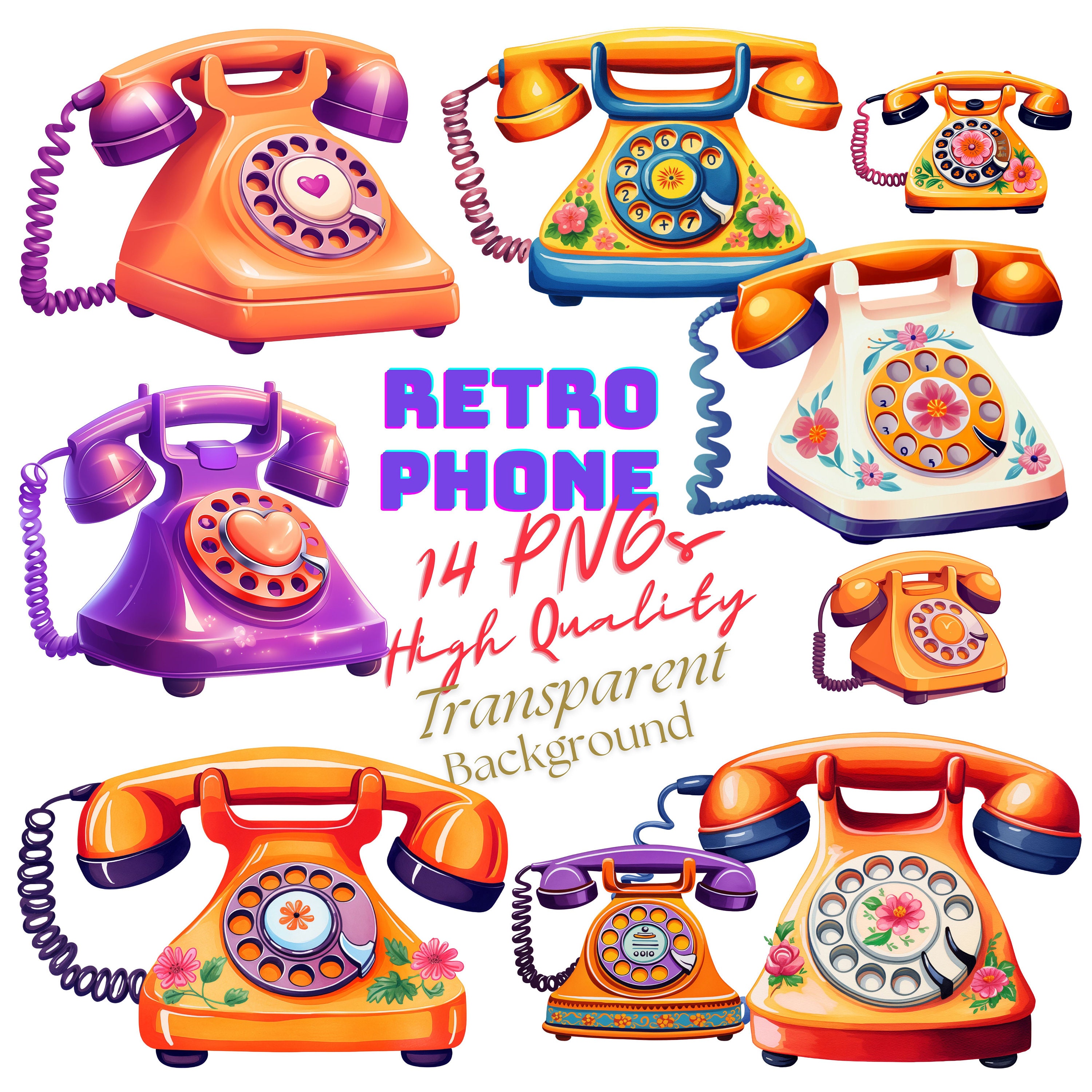Vintage Phone Clipart, Retro Telephone, Printable Clipart, 14 High ...