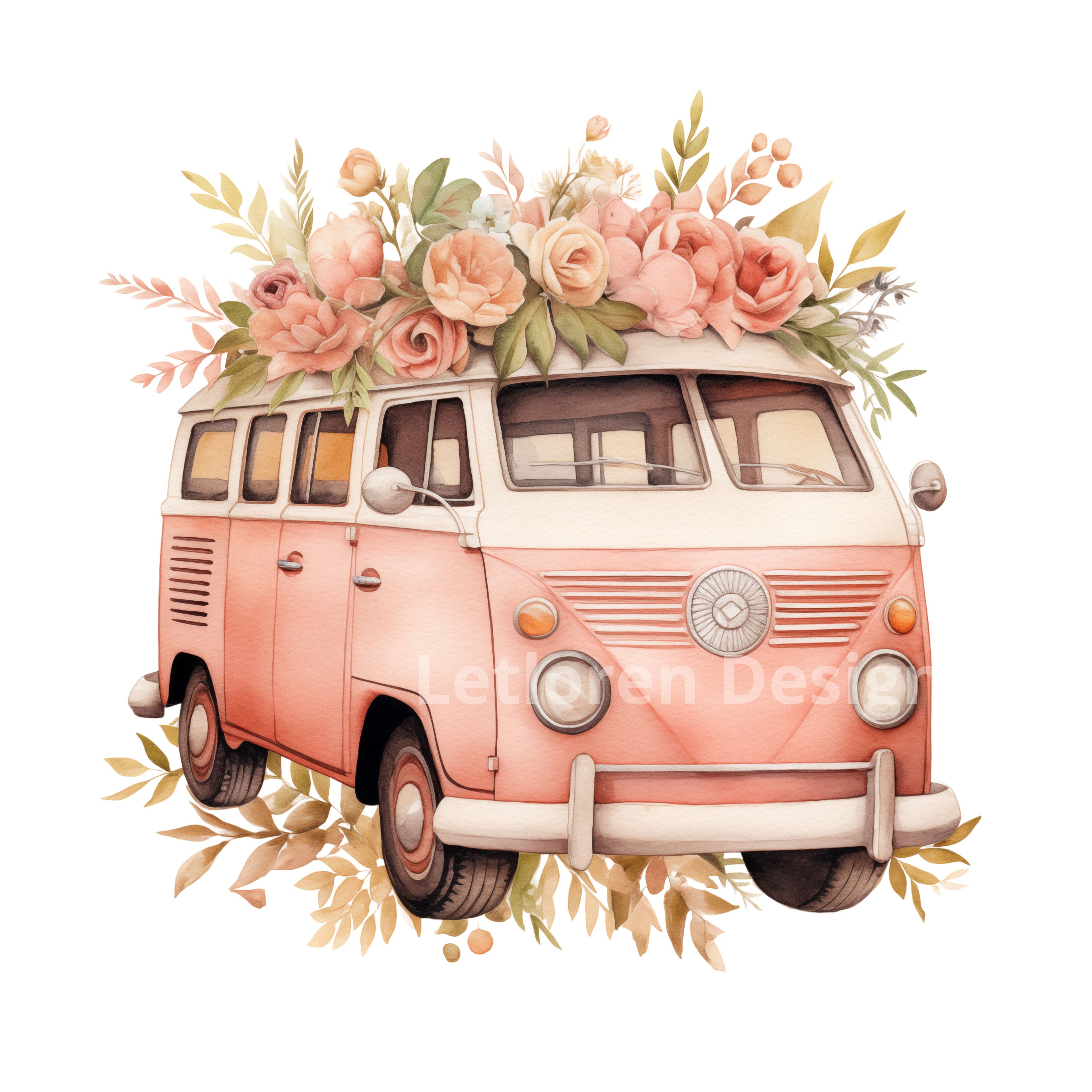 10 Watercolor Retro Hippie Van Clipart, High Quality Png, Groovy Good ...