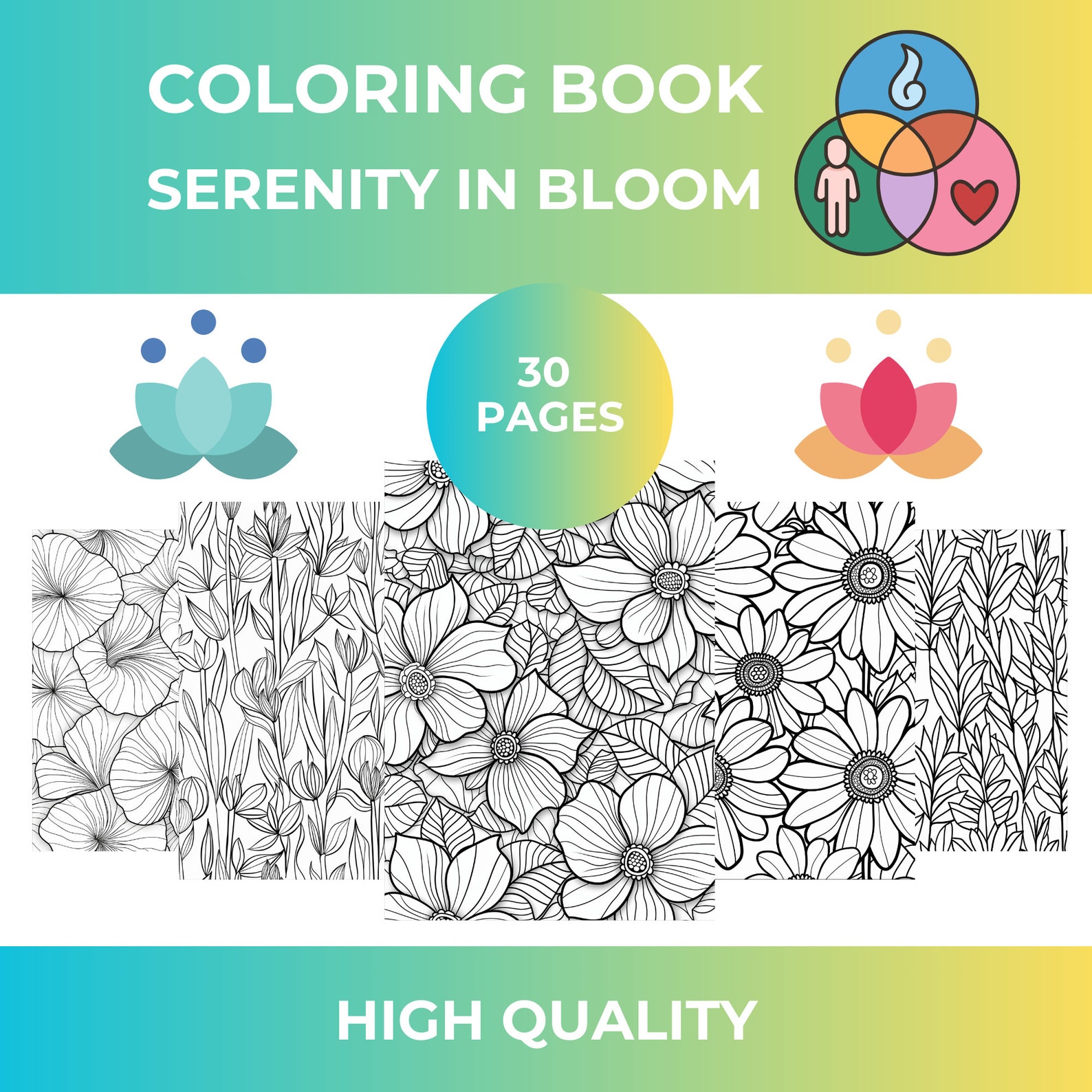 30 Pattern Flowers Coloring Pages Adult Coloring Book, Mindfulness ...