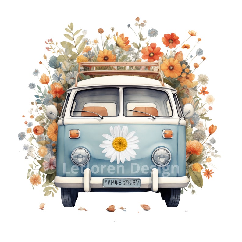 10 Watercolor Retro Hippie Van Clipart, High Quality Png, Groovy Good ...