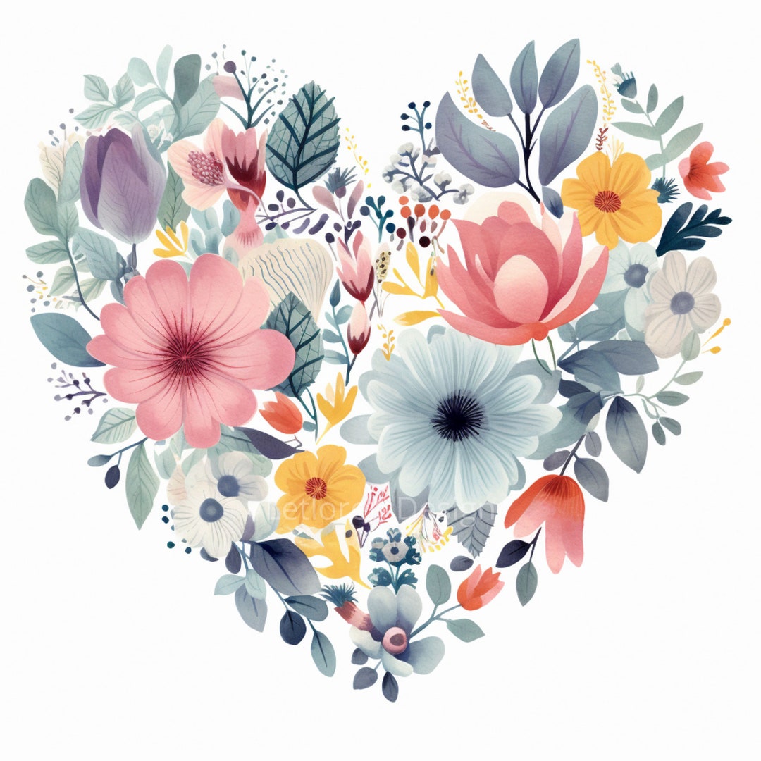 Watercolor Heart Flowers Clipart, 12 High Quality Heart Flowers Jpgs ...
