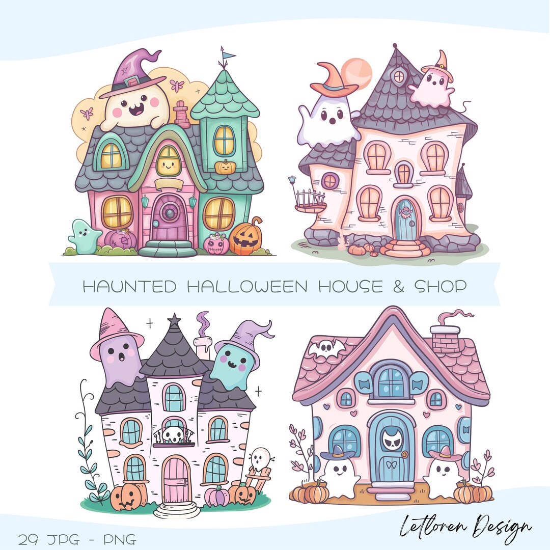 Kawaii Halloween Haunted House Clipart Bundle | Cute Spooky Houses PNG ...