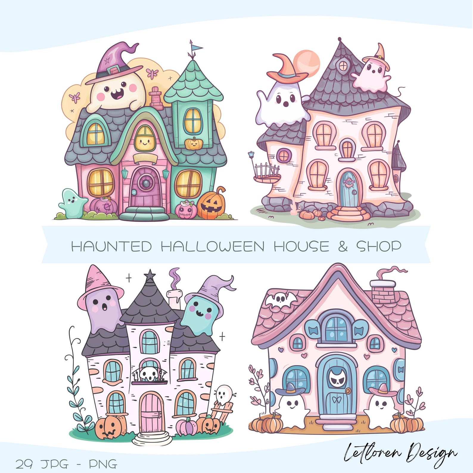Kawaii Halloween Haunted House Clipart Bundle | Cute Spooky Houses PNG ...