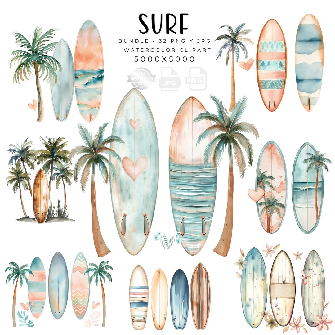 Surfboard Designs Clipart, Watercolor Digital Download, Surfing Wall ...