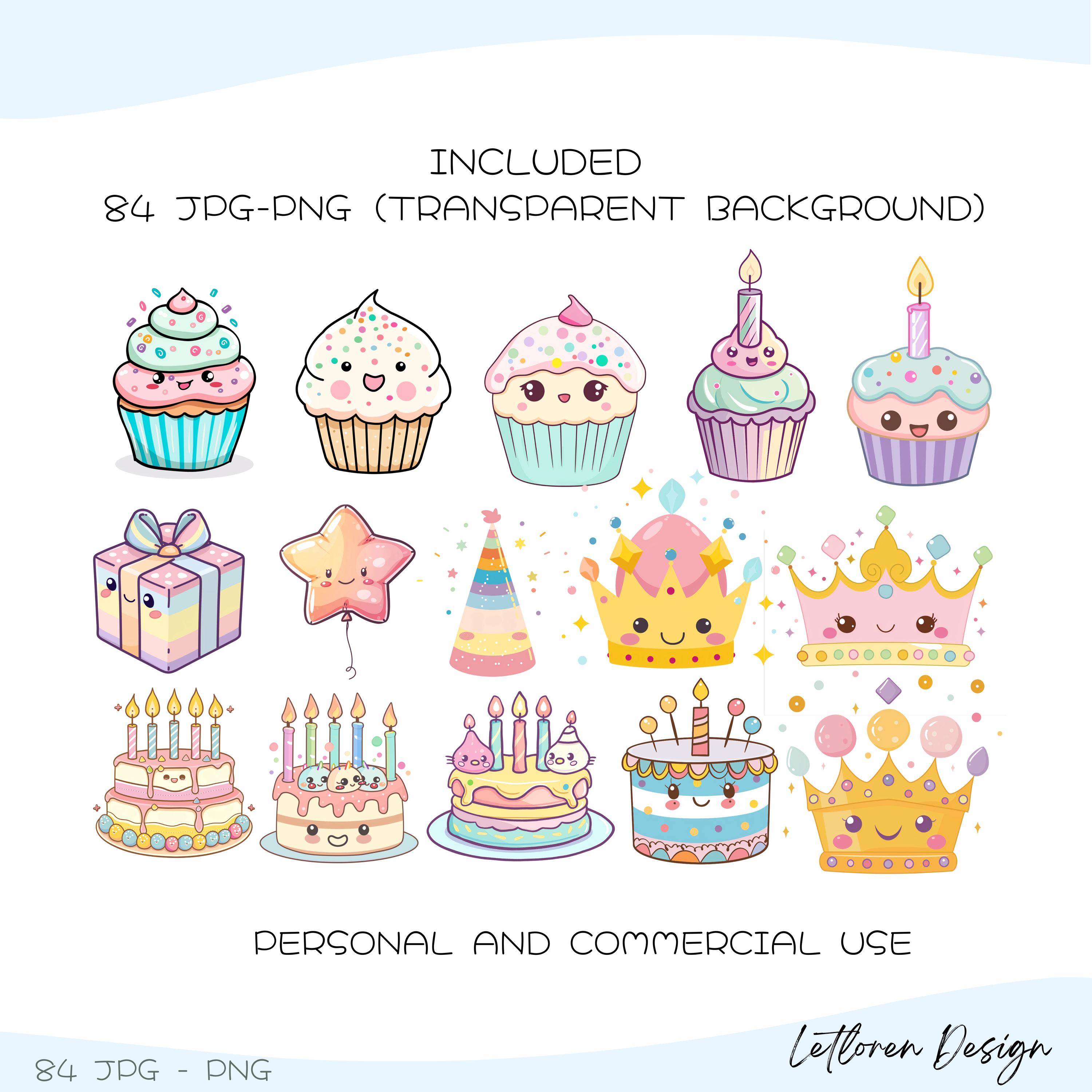 84 Kawaii Birthday Clipart Bundle | Cute Balloons, Confetti, Cakes, and ...