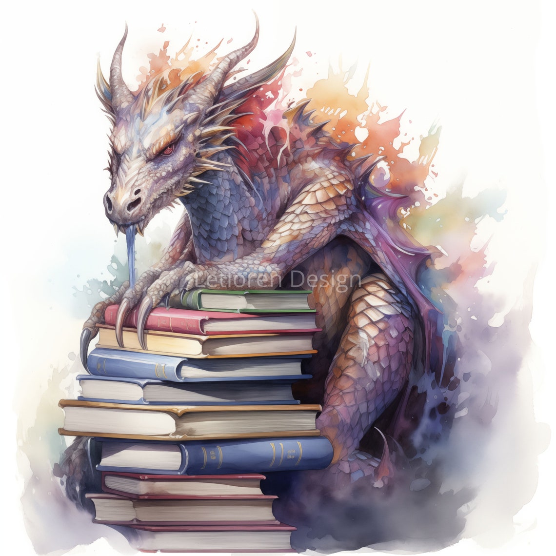 Watercolor Dragon Guarding Books Clipart, 13 High Quality Watercolor ...