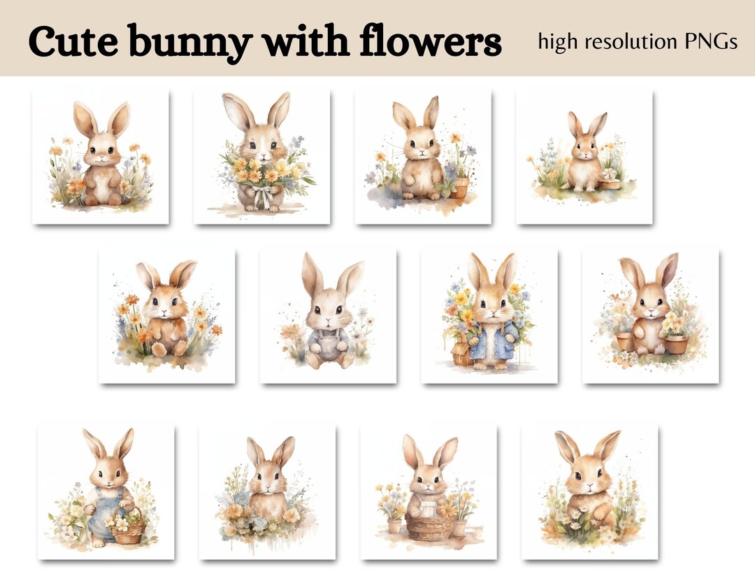 12 Floral Spring Rabbits Png, Watercolor Easter, Easter Clipart, Bunny ...