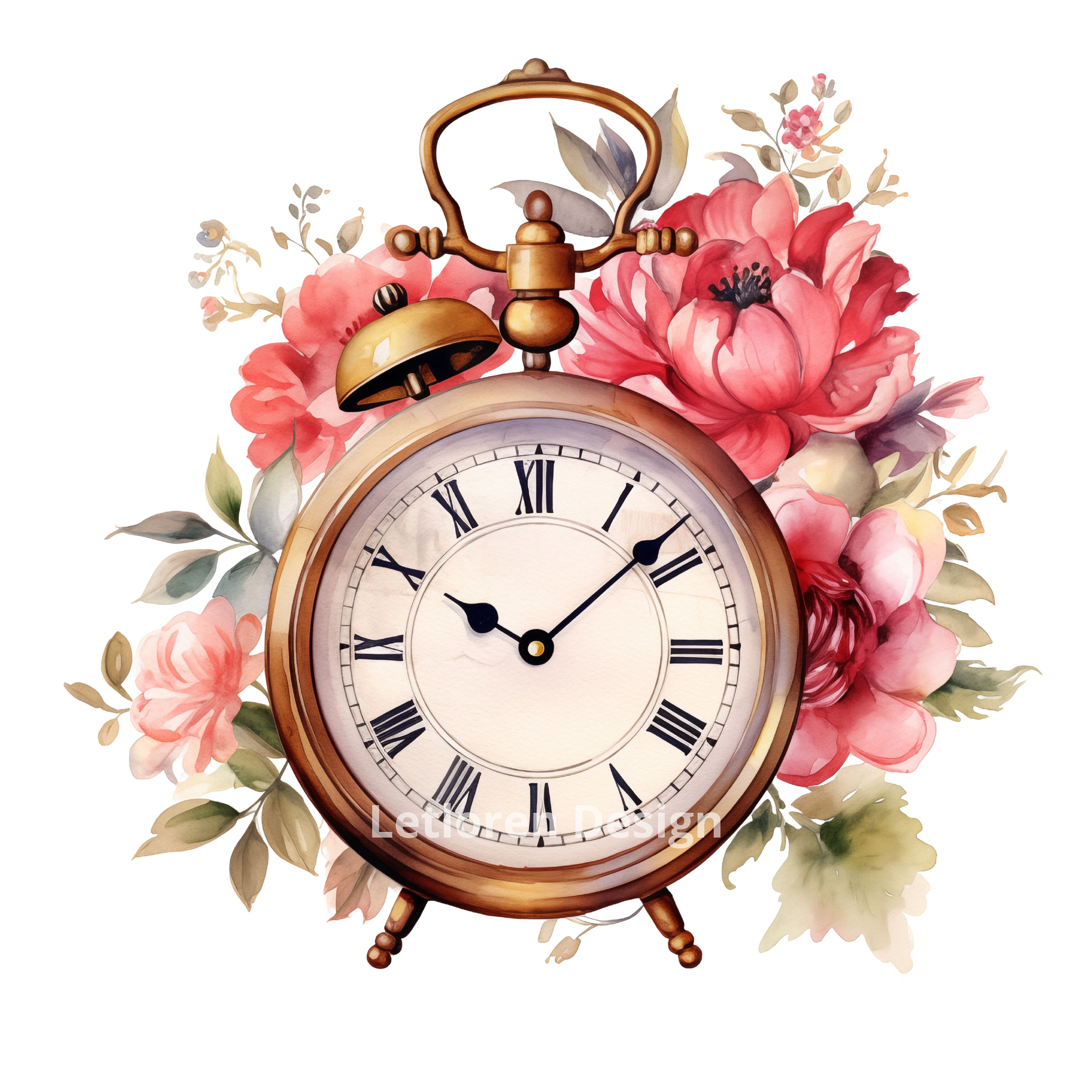 Watercolor Floral Vintage Clock PNG Bundle, Digital Crafts Designs ...