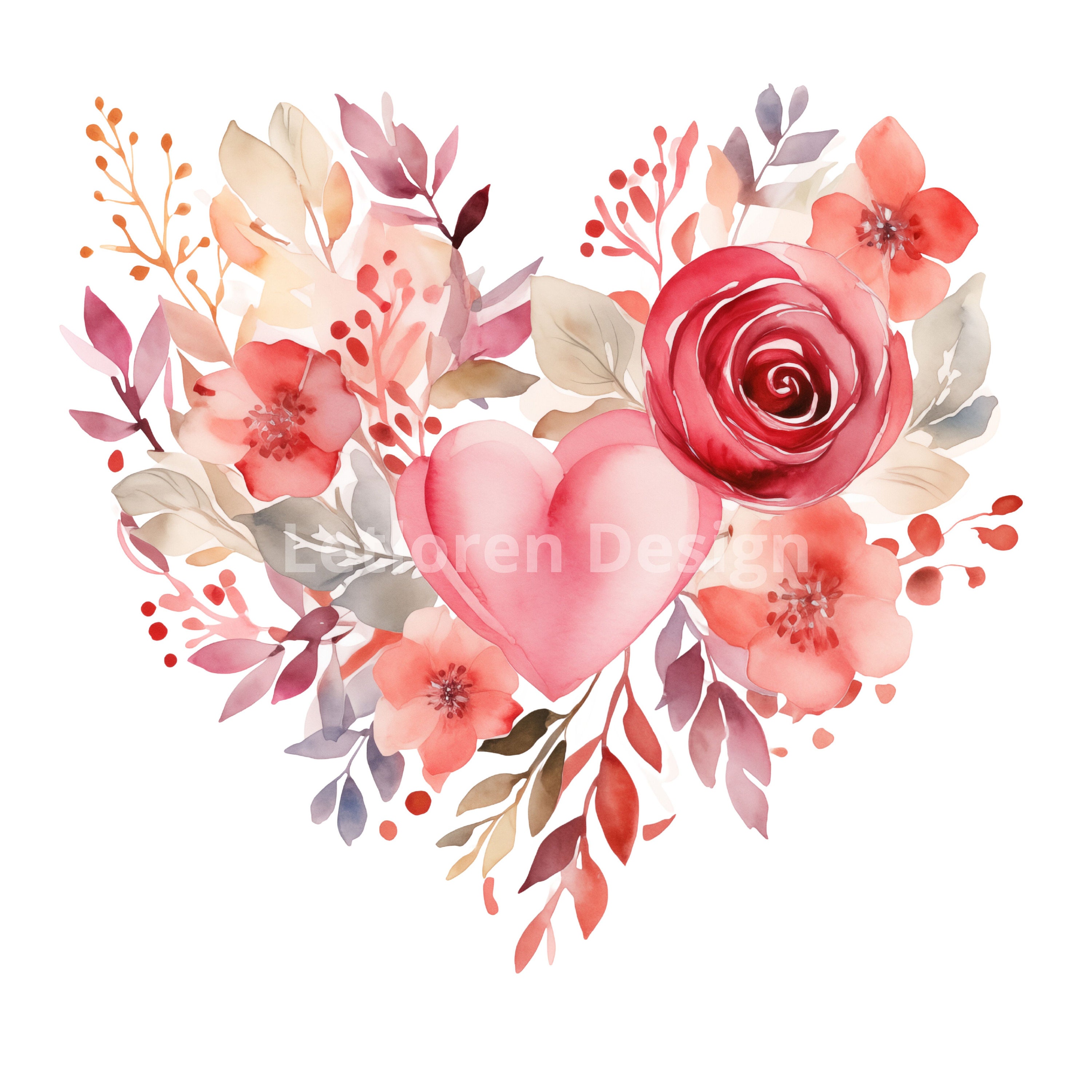 Watercolor Heart Flowers Clipart, 9 High Quality Heart Flowers Pngs ...
