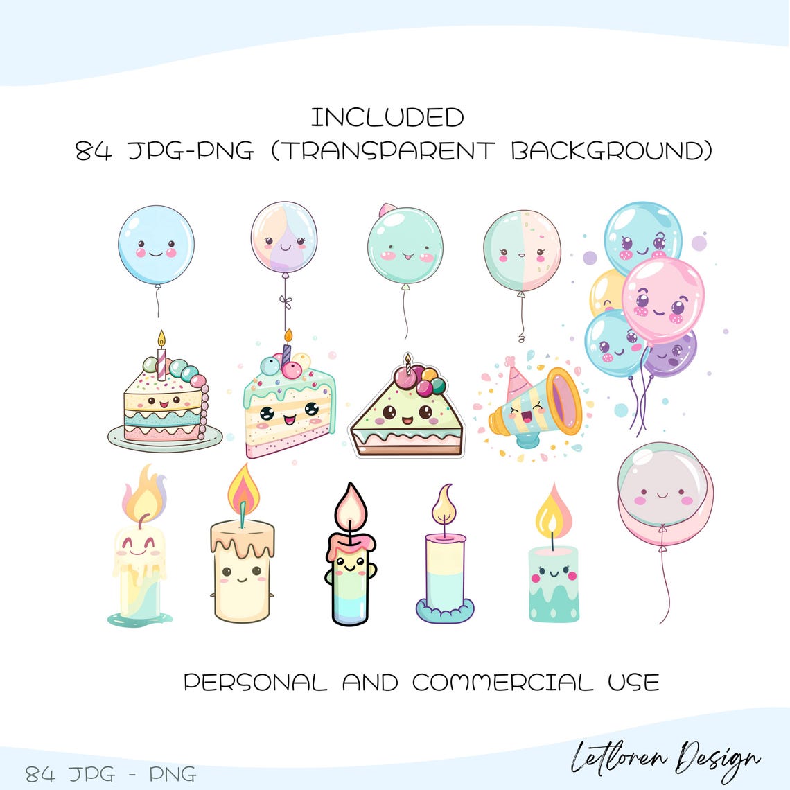84 Kawaii Birthday Clipart Bundle | Cute Balloons, Confetti, Cakes, and ...