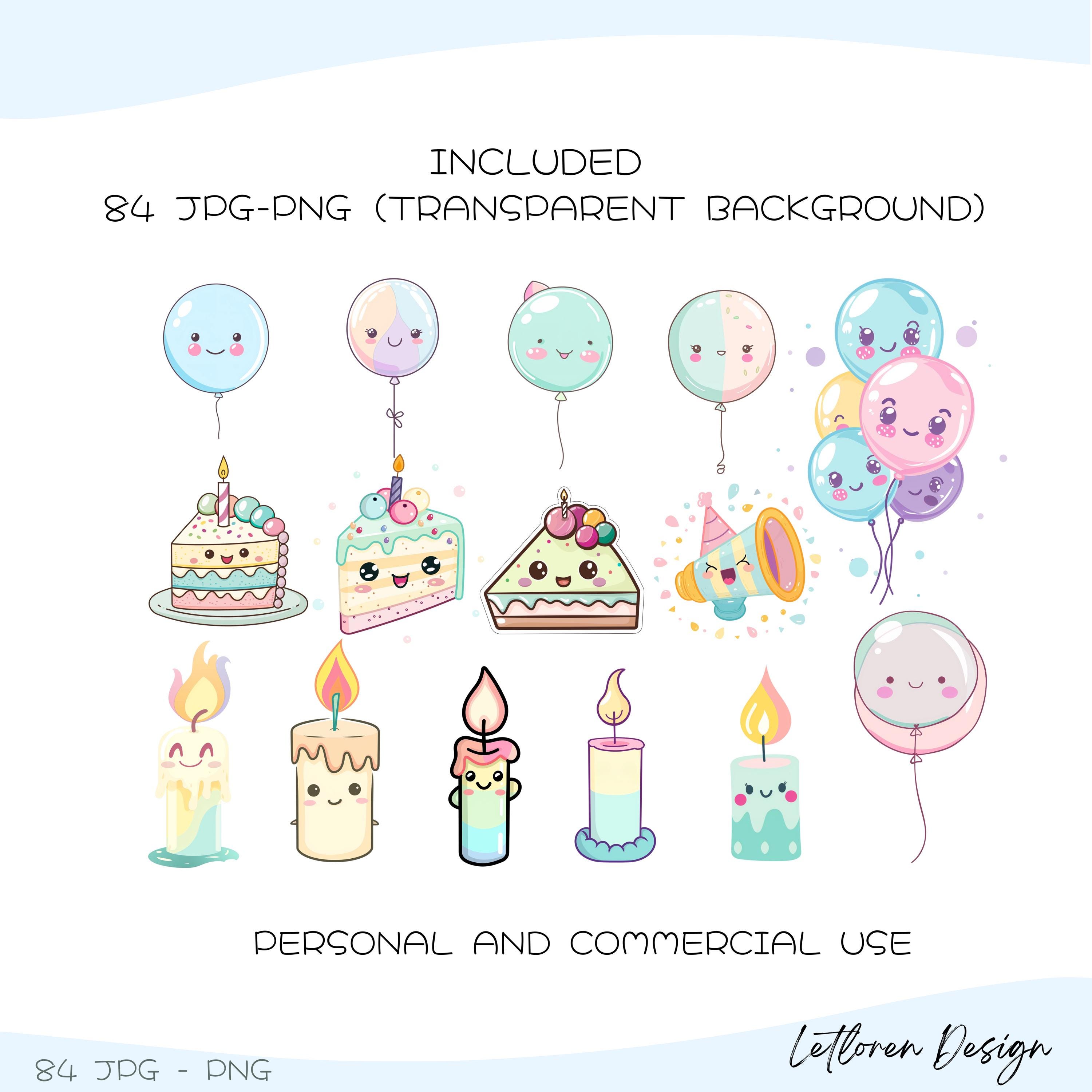 84 Kawaii Birthday Clipart Bundle | Cute Balloons, Confetti, Cakes, and ...