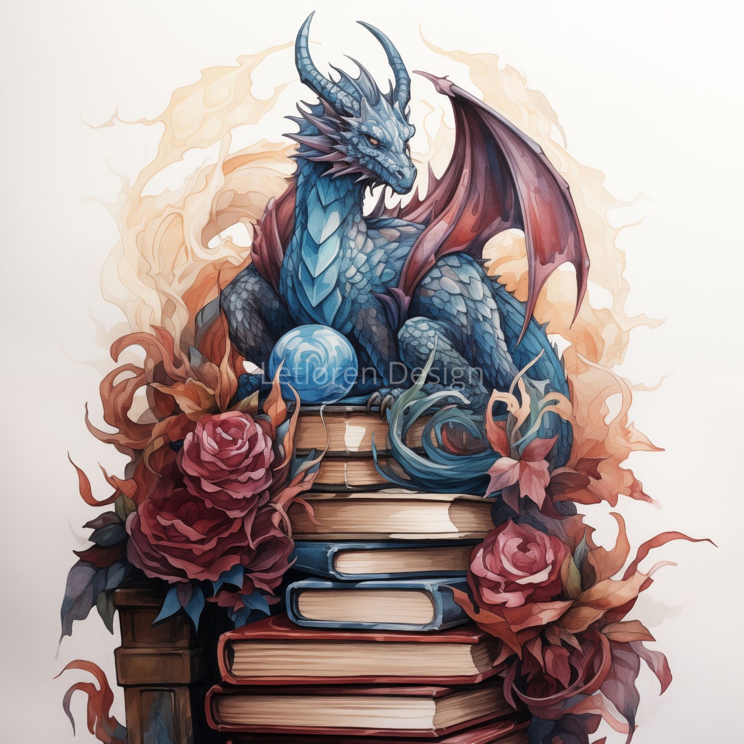 Watercolor Dragon Guarding Books Clipart, 13 High Quality Watercolor ...