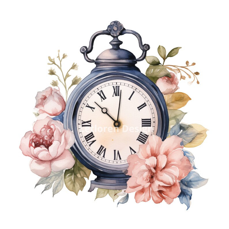 Watercolor Floral Vintage Clock PNG Bundle, Digital Crafts Designs ...