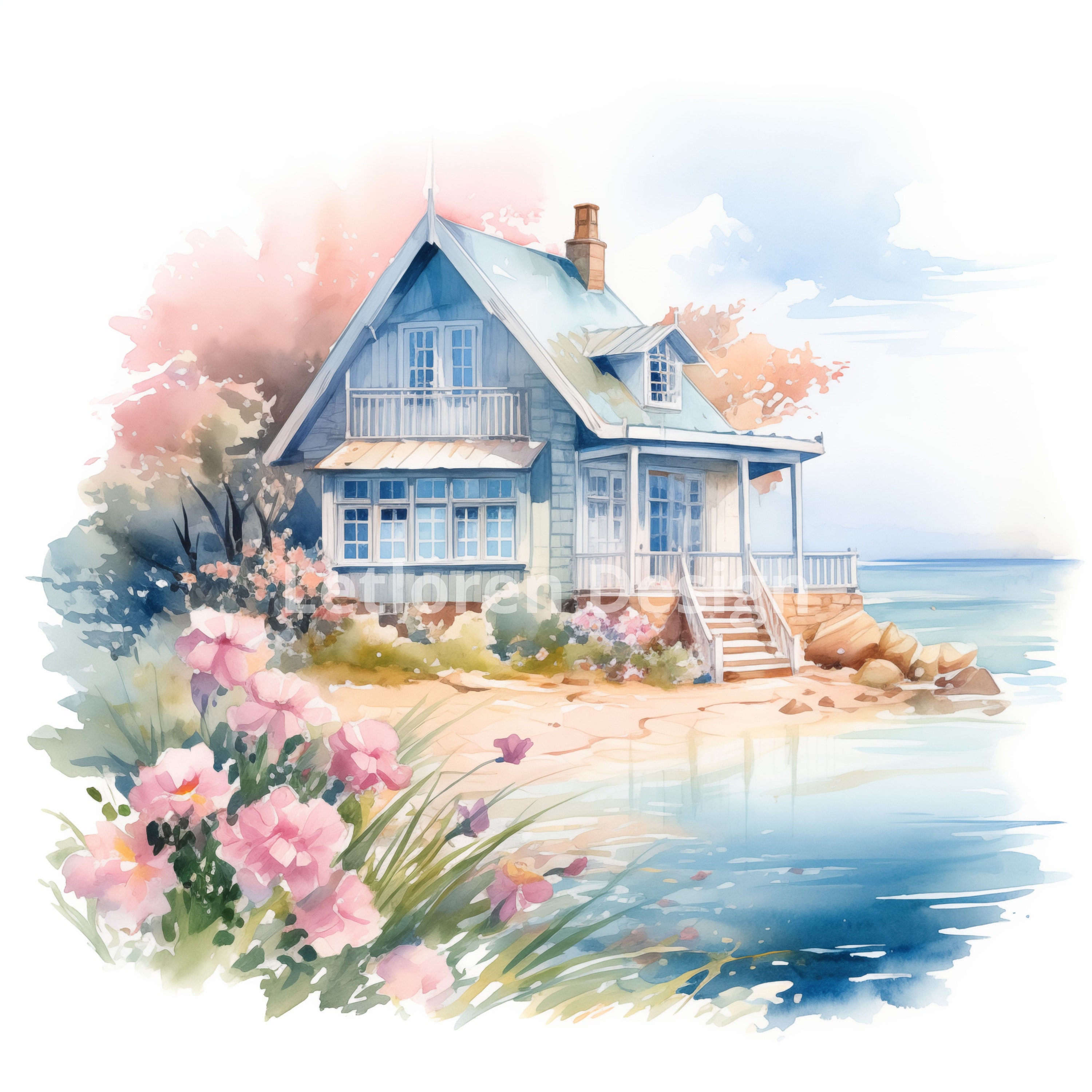 Watercolor Beach House Bundle Ocean Seascape Cottage 13 High Quality ...