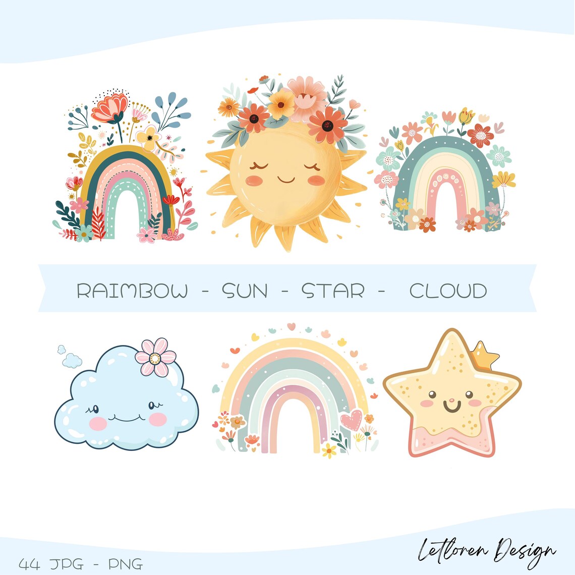 50 Rainbow Sun Cloud Star Clipart Bundle 6 Bonus Stickers High-quality ...