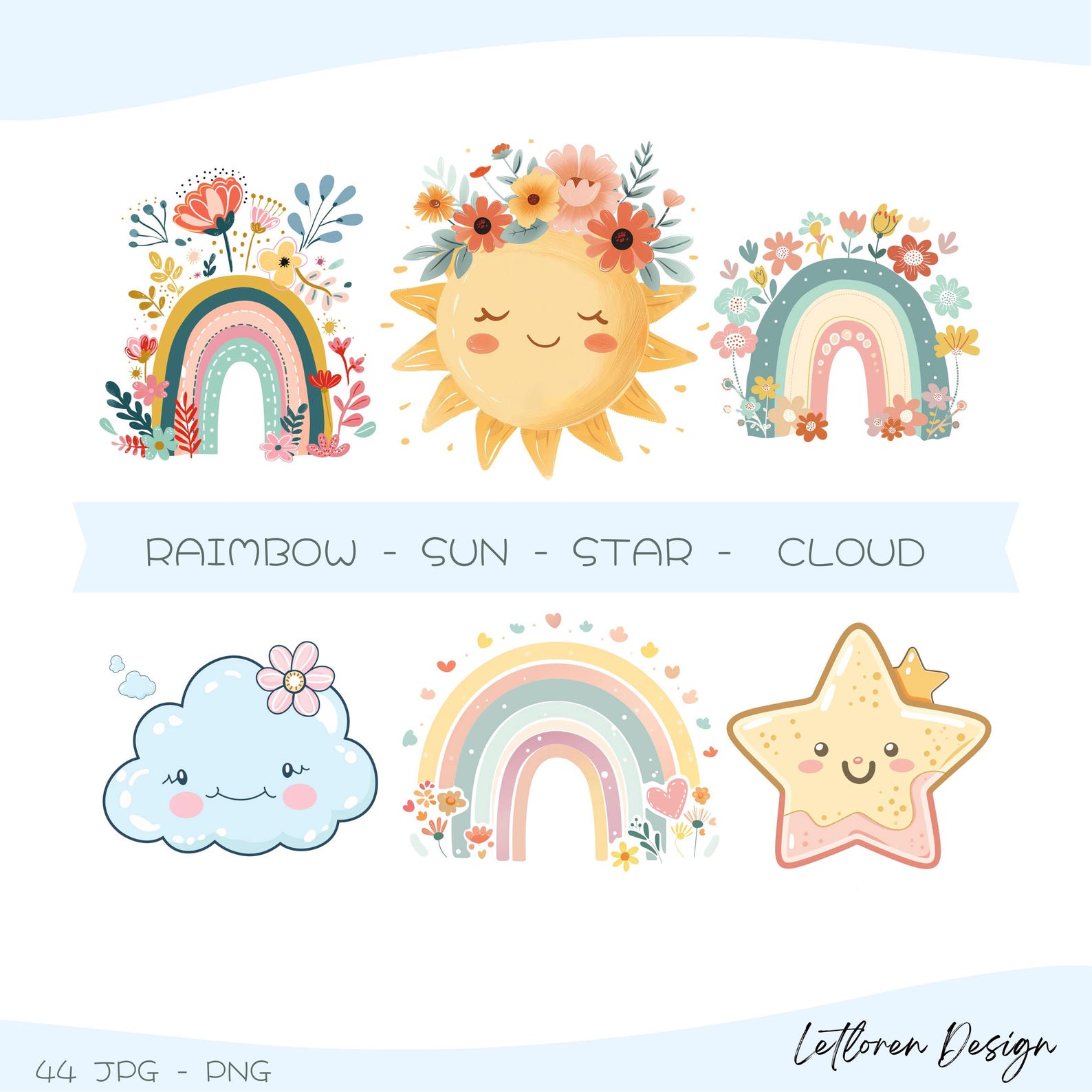 50 Rainbow Sun Cloud Star Clipart Bundle 6 Bonus Stickers High-quality ...