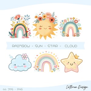 50 Rainbow Sun Cloud Star Clipart Bundle + 6 Bonus Stickers | High ...
