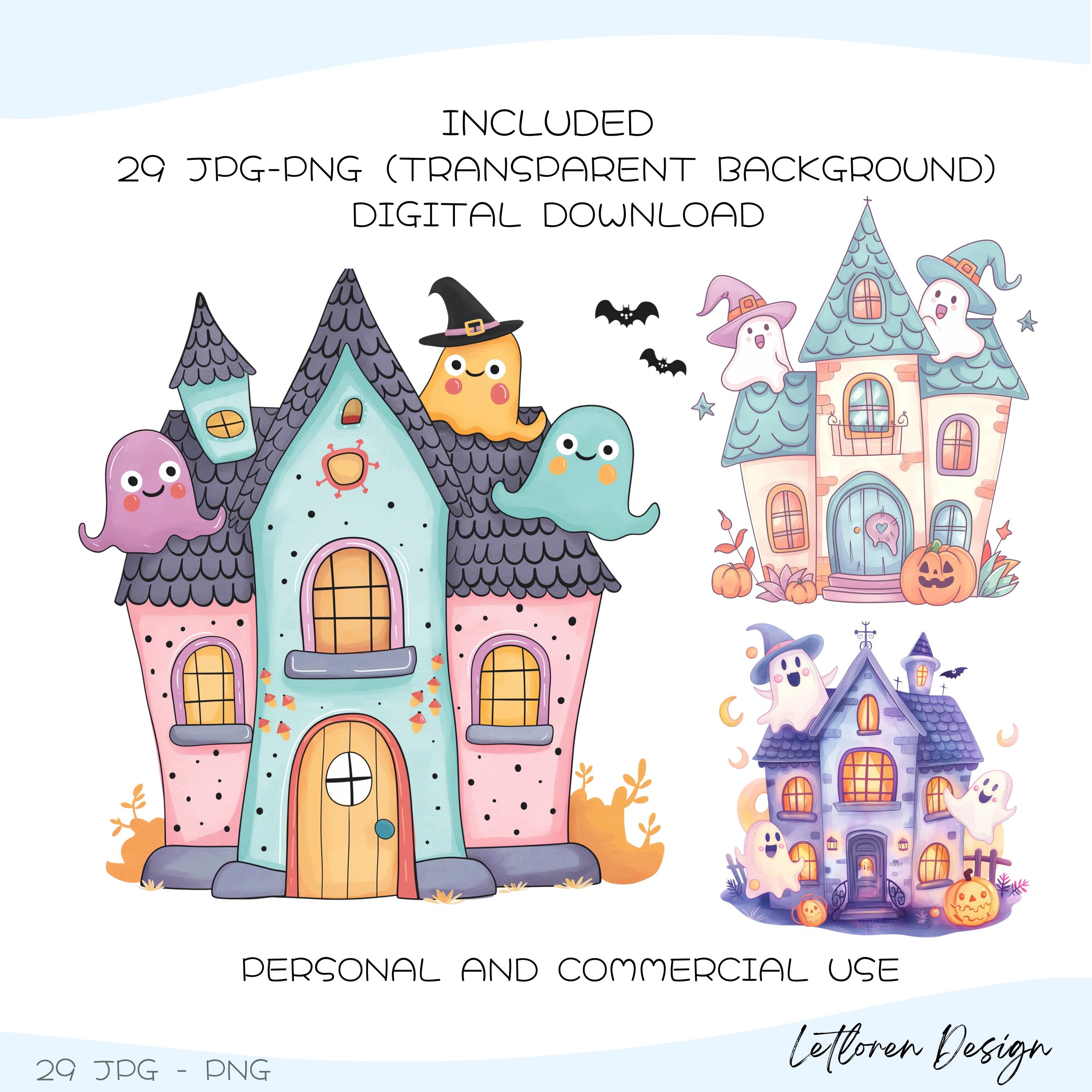 Kawaii Halloween Haunted House Clipart Bundle | Cute Spooky Houses PNG ...