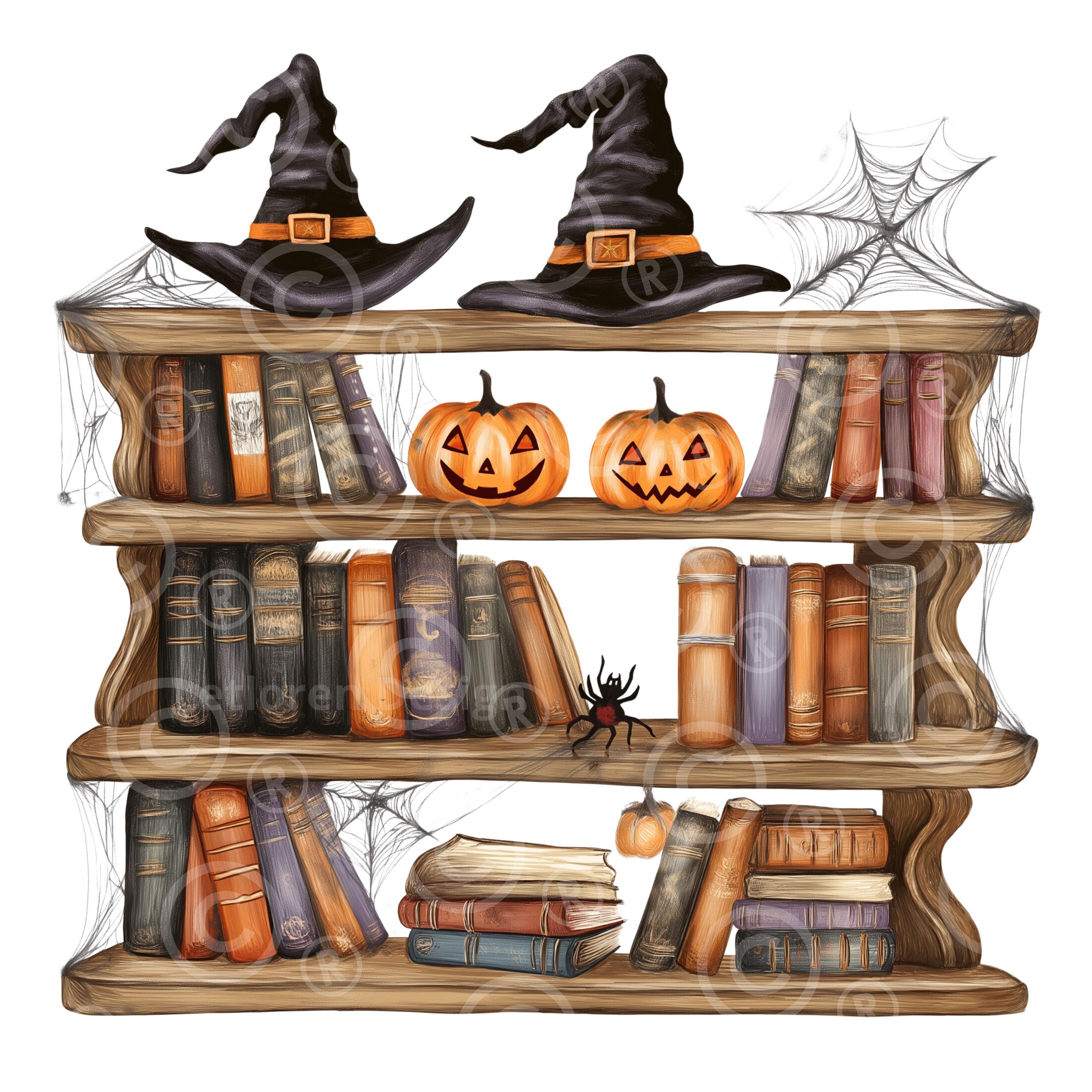 10 Halloween Library Clipart - Retro Bookshelf Designs, Halloween PNG ...