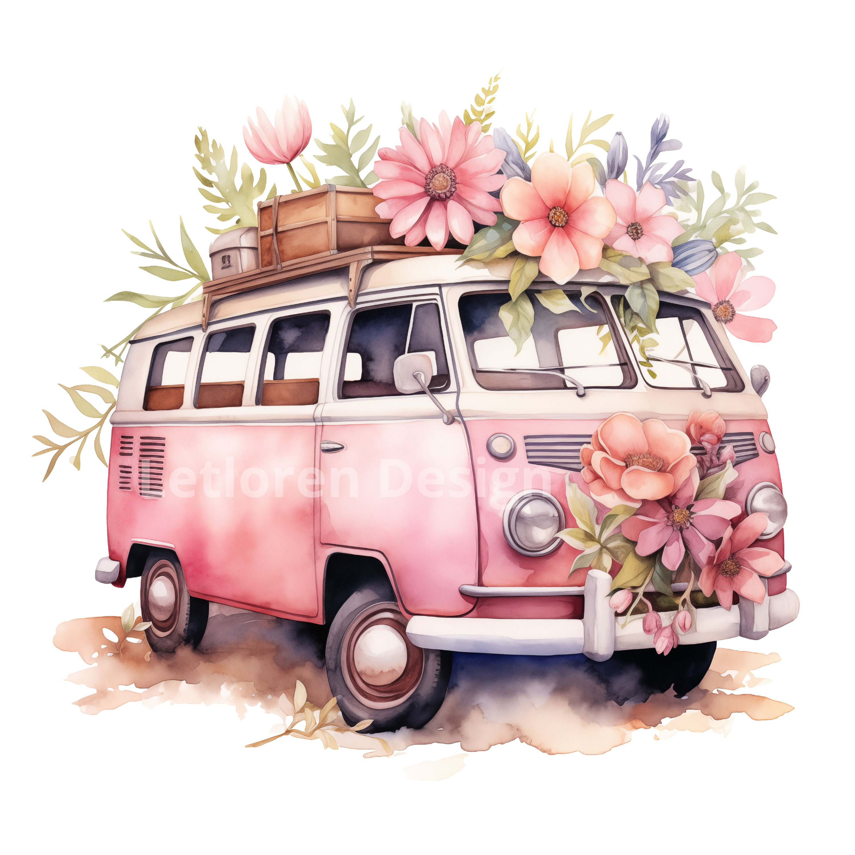 10 Watercolor Retro Hippie Van Clipart, High Quality Png, Groovy Good ...