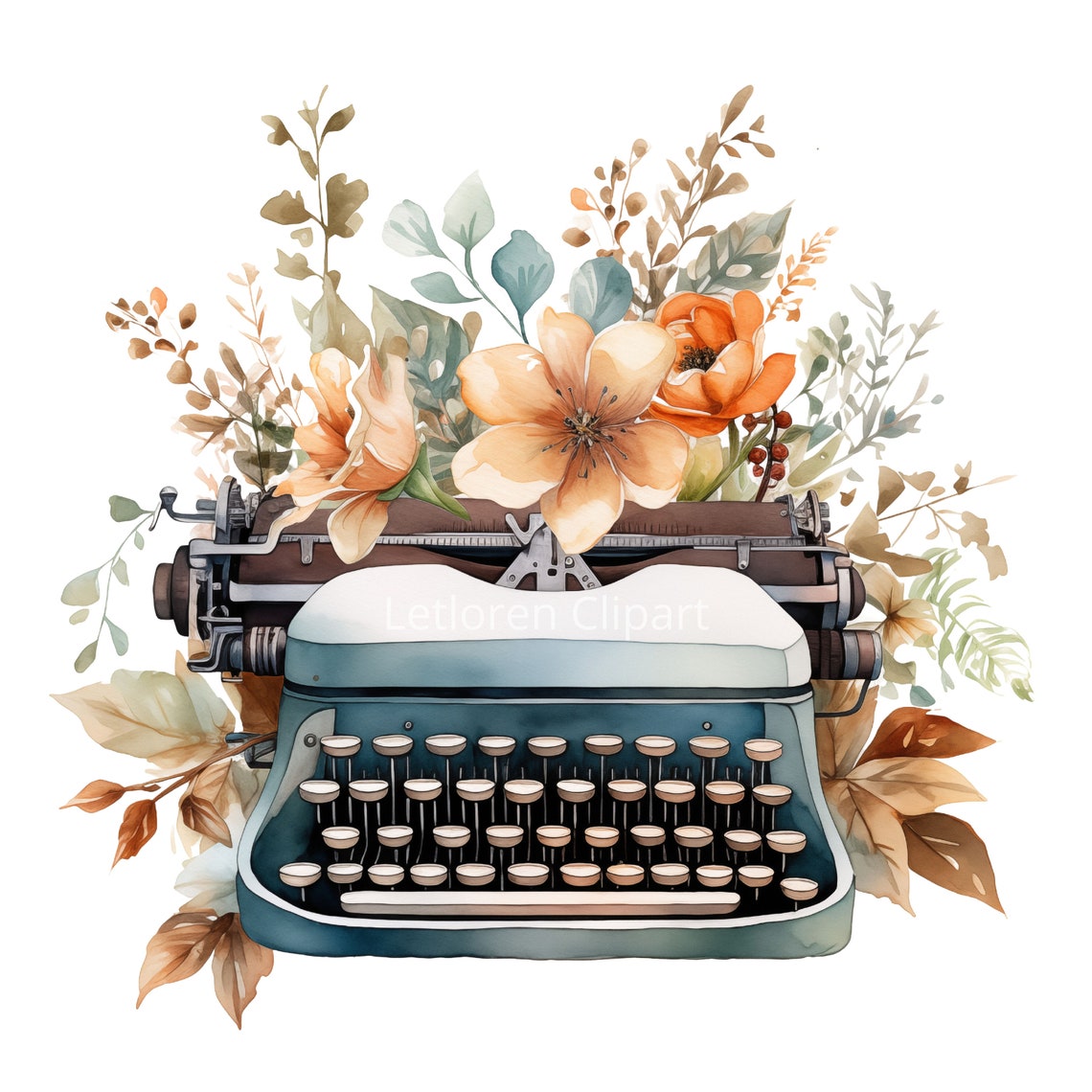 12 Watercolor Typewriter Clipart PNG, Vintage Writer Floral Clipart ...