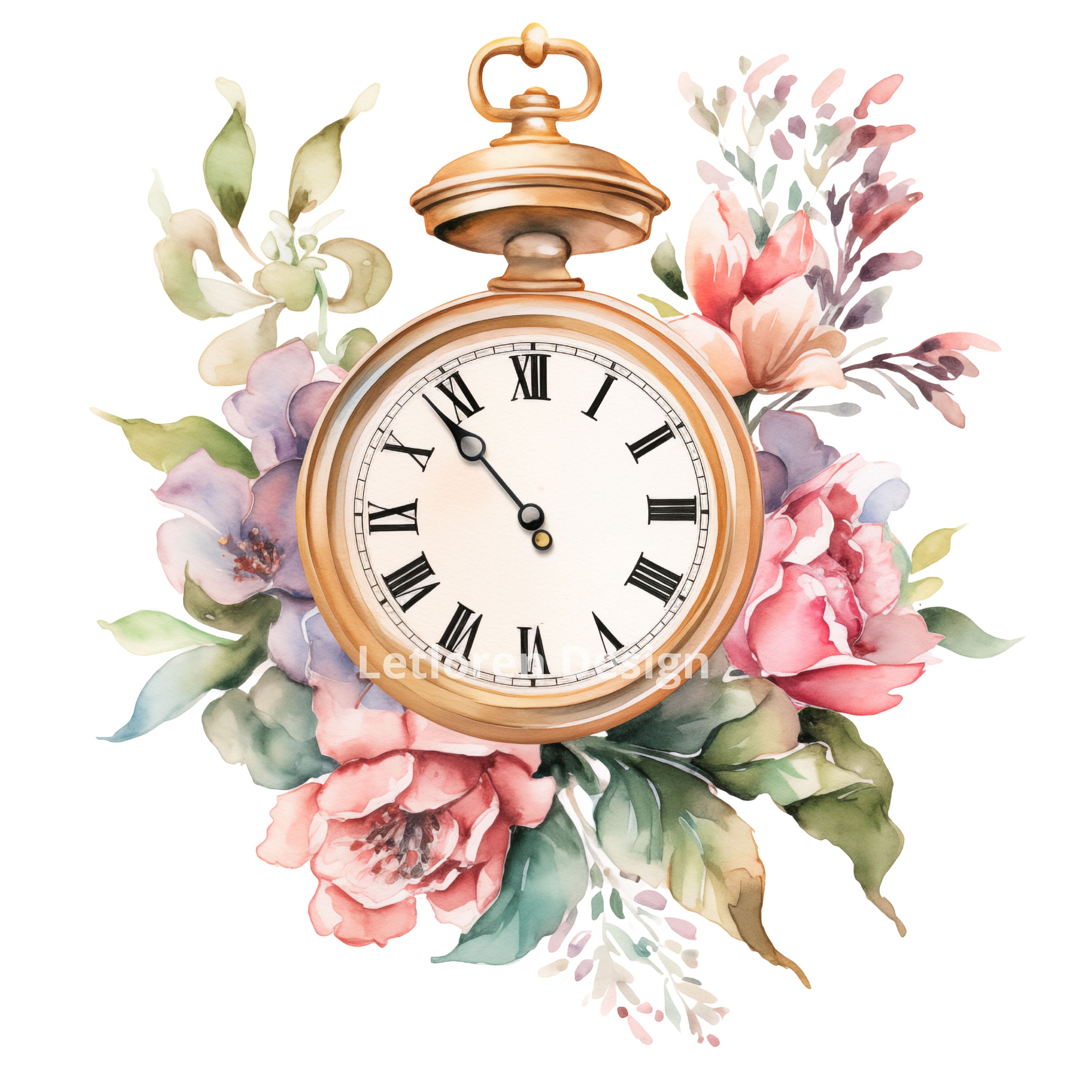 Watercolor Floral Vintage Clock PNG Bundle, Digital Crafts Designs ...