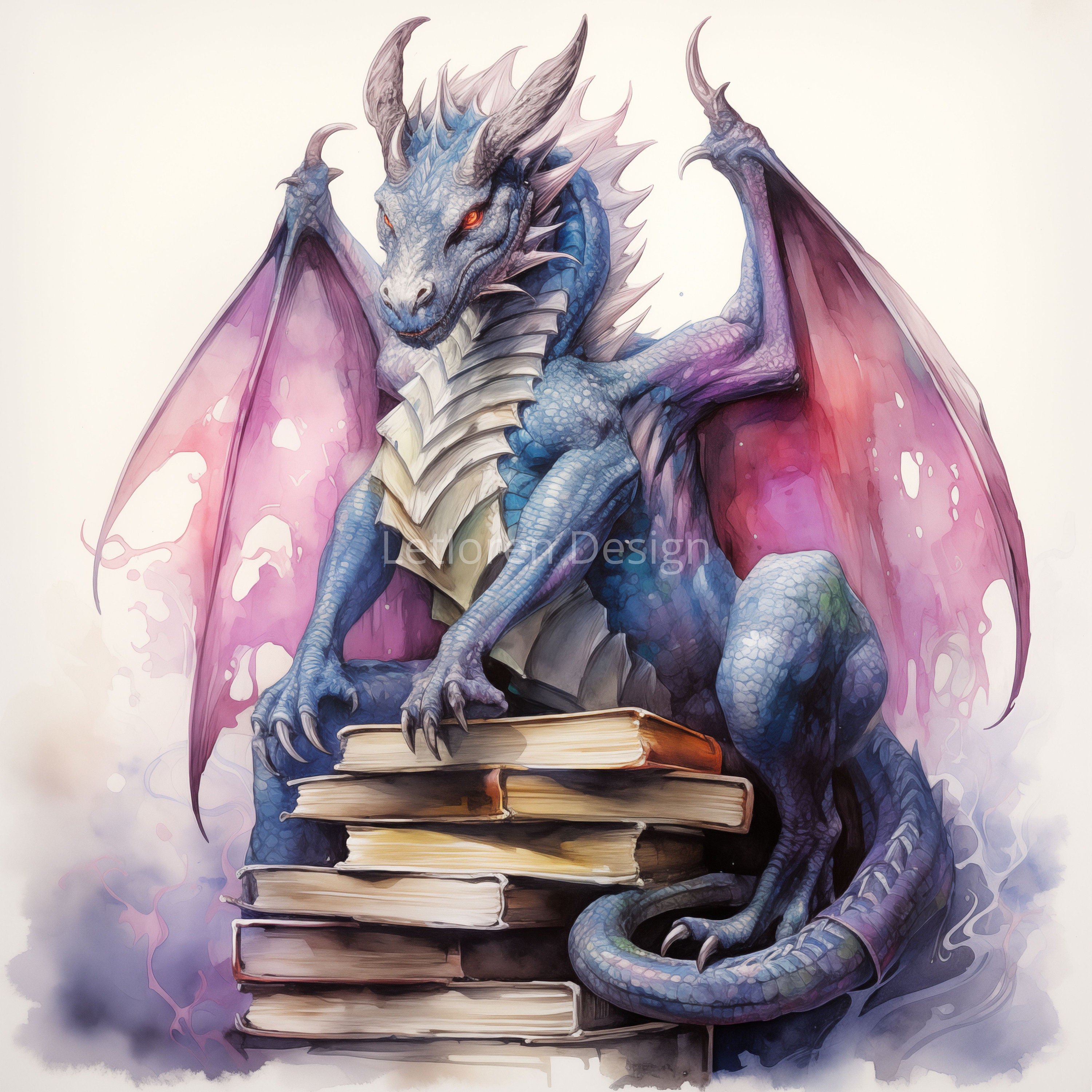 Watercolor Dragon Guarding Books Clipart, 13 High Quality Watercolor ...