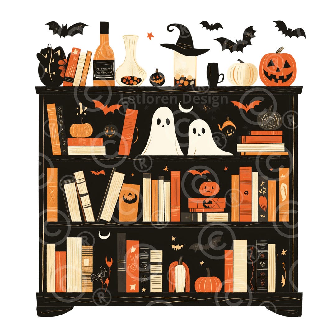 10 Halloween Library Clipart - Retro Bookshelf Designs, Halloween PNG ...