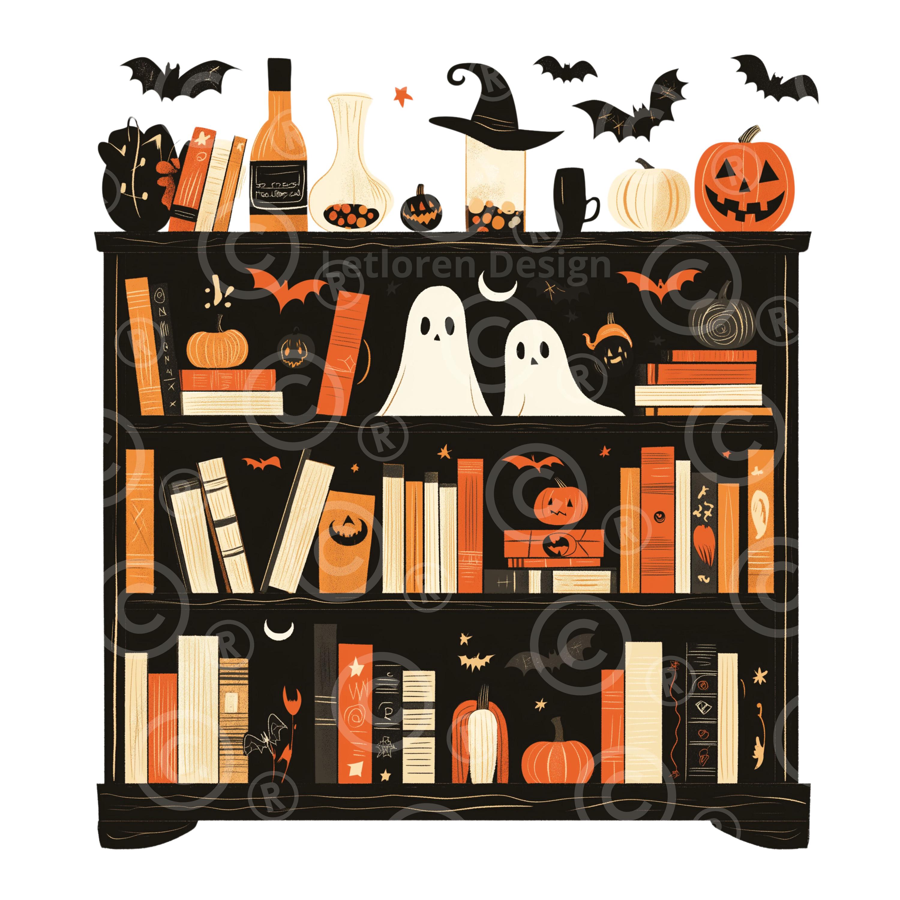 10 Halloween Library Clipart - Retro Bookshelf Designs, Halloween PNG ...
