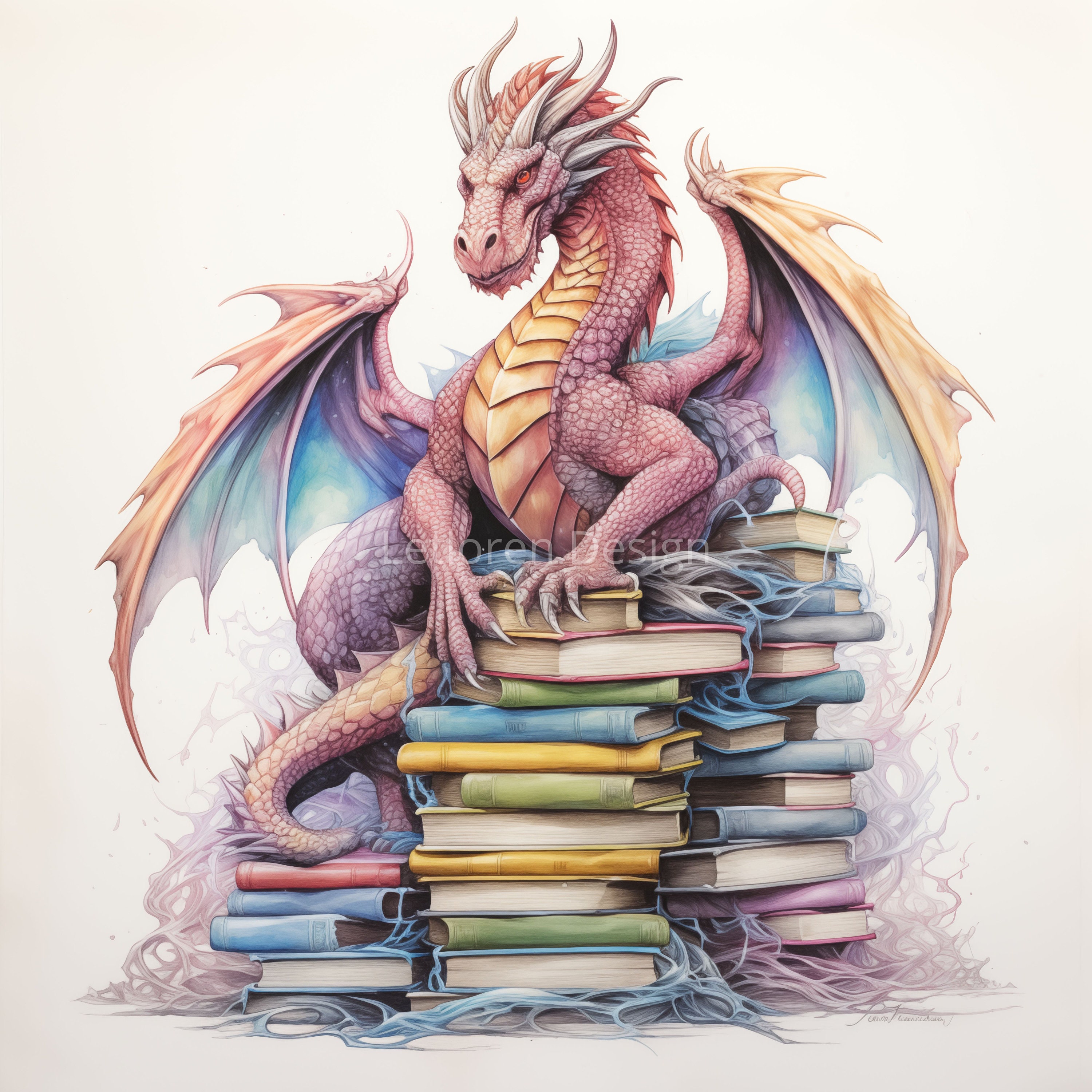 Watercolor Dragon Guarding Books Clipart, 13 High Quality Watercolor ...
