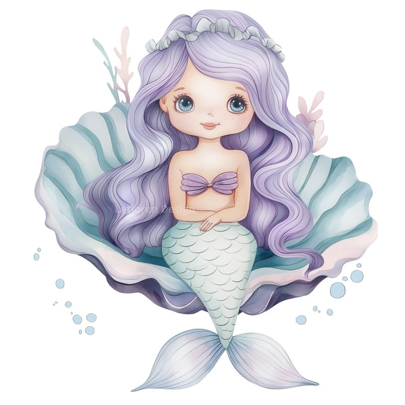 Whimsical Mermaid Clipart Bundle Cute Mermaid Watercolor for Nursery ...