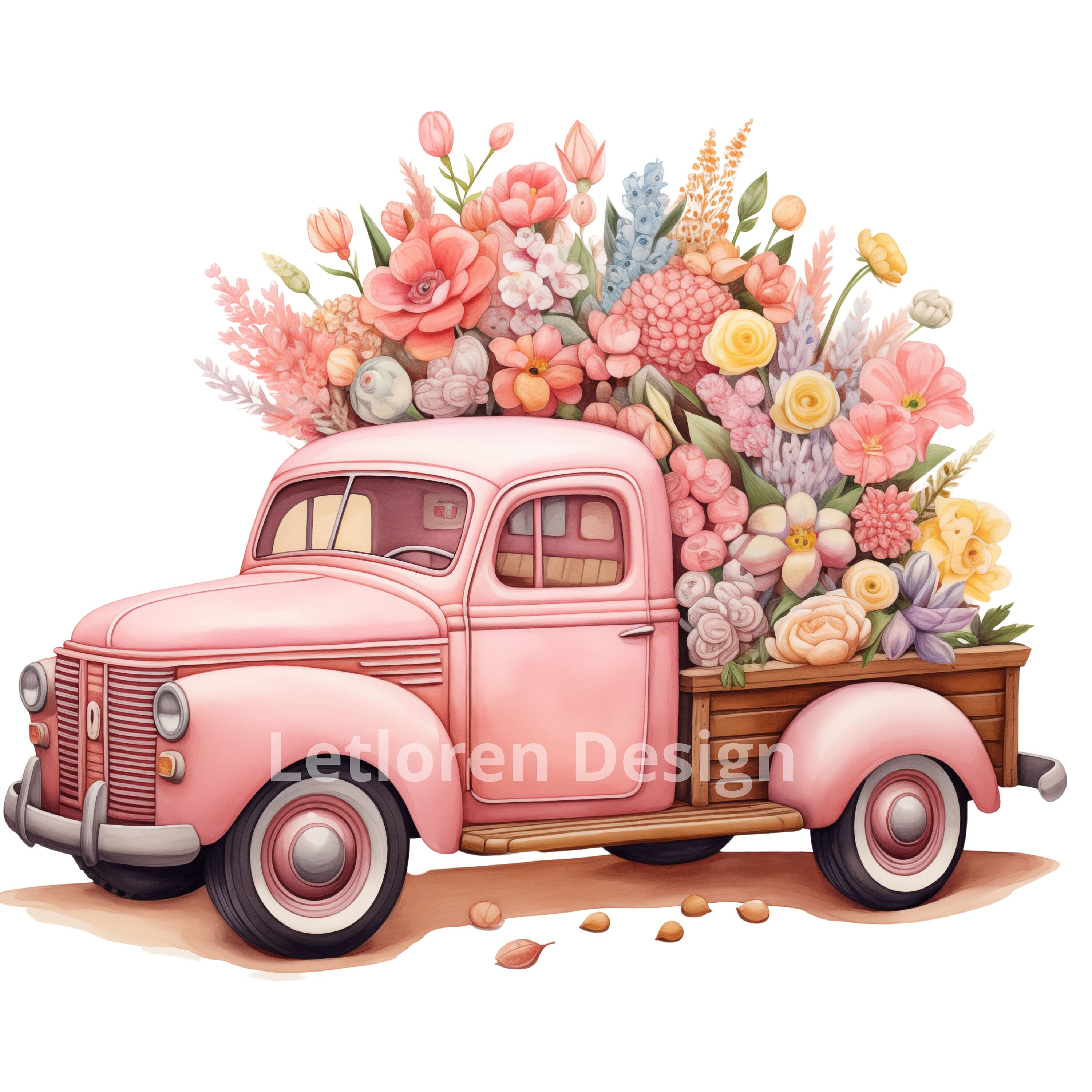 Vintage Watercolor Truck, Farm Fresh Flowers Design, Spring Sublimation ...