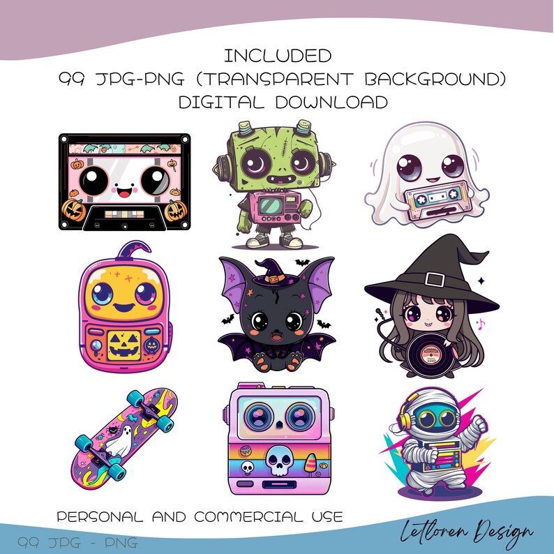 Retro Halloween Clipart Bundle | 99 Kawaii Cute PNG & JPG | Ghosts ...