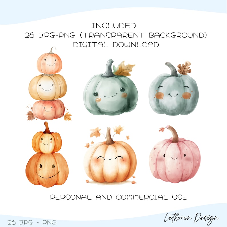 Pastel Pumpkin Clipart, Kawaii Pumpkin PNG and JPG, Cute Fall ...
