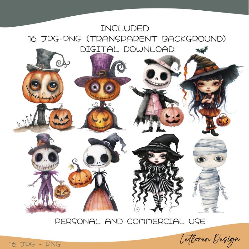 Halloween Character Clipart Bundle Spooky & Cute PNG/JPG Digital ...