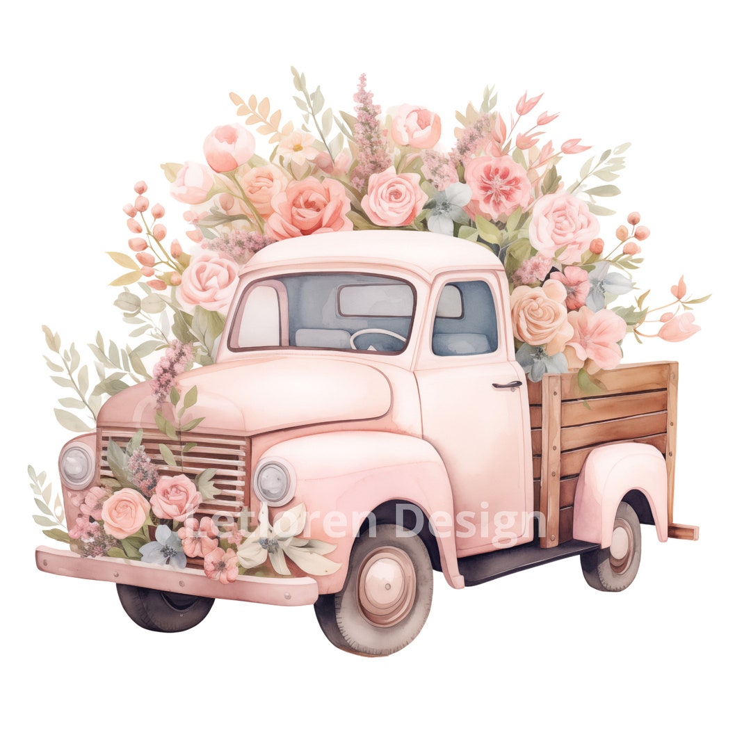 Vintage Watercolor Truck, Farm Fresh Flowers Design, Spring Sublimation ...
